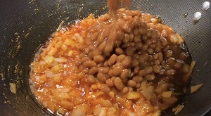 Ground turkey recipe with slow cooked baked beans.